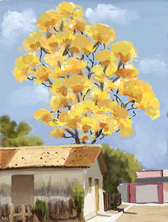Bright mustard tree study in o…